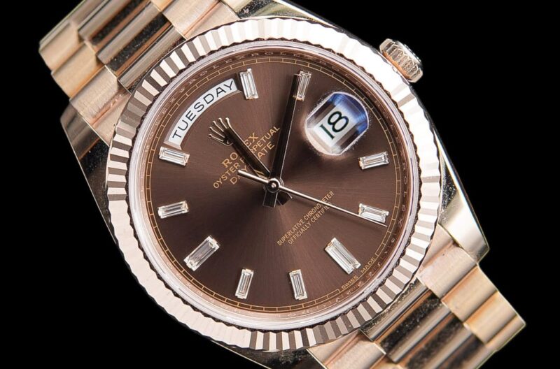 Rolex Day Date Rosegold Choco Diamond Baguette Dial 40mm - HOBIJAM ...